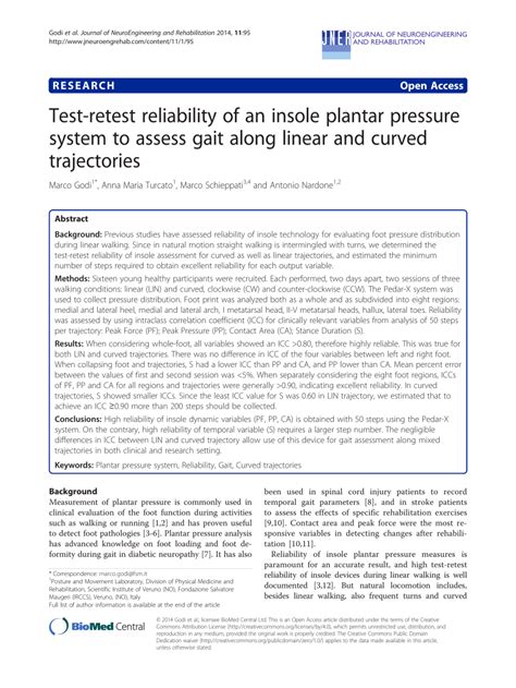 Pdf Test Retest Reliability Of An Insole Plantar Pressure System To Assess Gait Along Linear