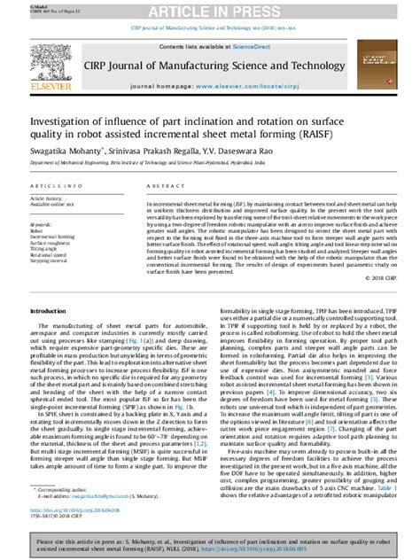 Pdf Investigation Of Influence Of Part Inclination And Rotation On Surface Quality In Robot
