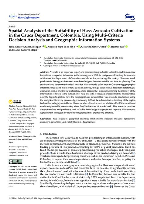 Pdf Spatial Analysis Of The Suitability Of Hass Avocado Cultivation In The Cauca Department
