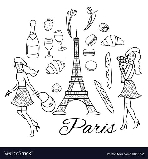 Hand Drawn Icon Set With Paris Symbols Royalty Free Vector