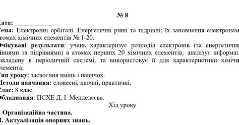 Конспект уроку для учнів 8 класу з теми «Електронні орбіталі Енергетичні рівні та підрівні їх