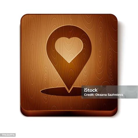 흰색 배경에 격리 된 심장 아이콘이있는 갈색지도 포인터 발렌타인 위치가 좋아요 로맨틱 지도 핀입니다 나무 사각형 버튼입니다 벡터 일러스트레이션 개념에 대한 스톡 벡터 아트