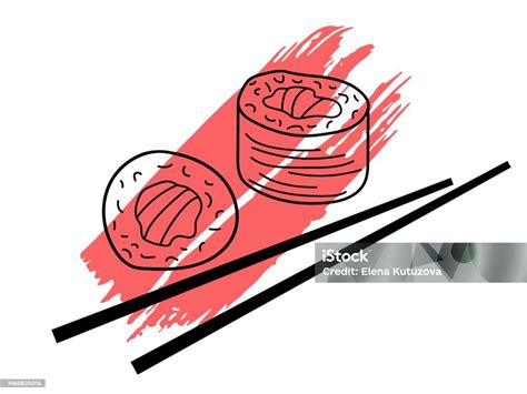 분홍색 브러시 스트로크에 젓가락으로 아시아 스시 롤 초밥 로고입니다 손으로 그린 낙서 스케치 카드 레이블 포스터 스티커 바 로고 메뉴 디자인 레이블에 대 한 흰색 배경에
