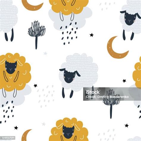 흰색 배경에 귀여운 양과 매끄러운 패턴 직물 포장 용지 엽서 포스터에 인쇄하기위한 벡터 그림 귀여운 아기 배경 양에 대한 스톡 벡터 아트 및 기타 이미지 Istock