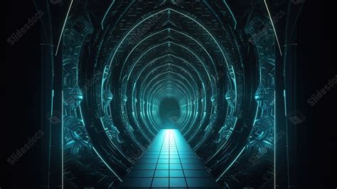 Glowing Blue Ornament Adorns Symmetrical Tunnel A 3d Abstract Rendering Powerpoint Background