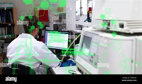 image of data processing against rear view of male scientist using