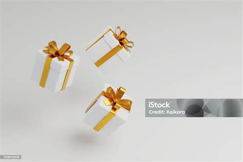 복사 공간이있는 흰색 배경에 3d 렌더링 선물 상자 황금 활과 리본이있는 흰색 선물 상자 그룹 선물 상자 보상 축하 및 장식 개념 3차원 형태에 대한 스톡 사진 및 기타