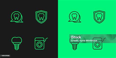 라인 치실 임플란트 치아 및 보호 아이콘을 설정합니다 벡터 방패에 대한 스톡 벡터 아트 및 기타 이미지 방패 치아 건강 이빨 Istock