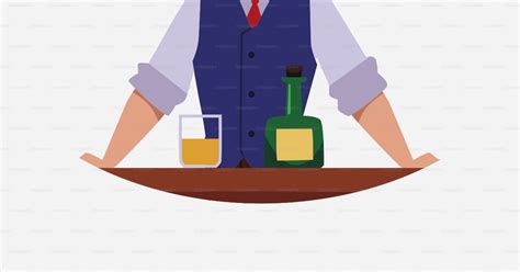 바텐더 또는 바텐더는 바 카운터 뒤에 있는 친절한 남자를 웃고 있으며 흰색 배경에 분리된 평면 벡터 삽화를 가지고 있다 바 설립 엠블럼의 바텐더 캐릭터 사진