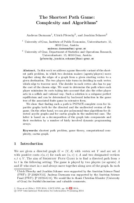 Pdf The Shortest Path Game Complexity And Algorithms