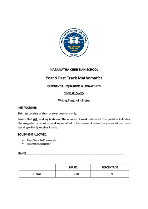Exponentials And Logarithms B 2016 1 Maranatha Christian School Year 9 Fast Track Mathematics