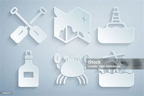 Set Crab Floating Buoy Rum Bottle Sinking Cruise Ship Pirate Treasure Map And Paddle Icon Vector
