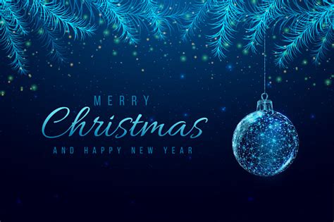 와이어 프레임 크리스마스 공과 크리스마스 트리 가지 낮은 폴리 스타일 새해 배너 파란색 배경에 추상적인 현대 3d 벡터