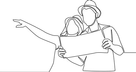 Continuous One Line Drawing Happy Tourists Sightseeing City With Map
