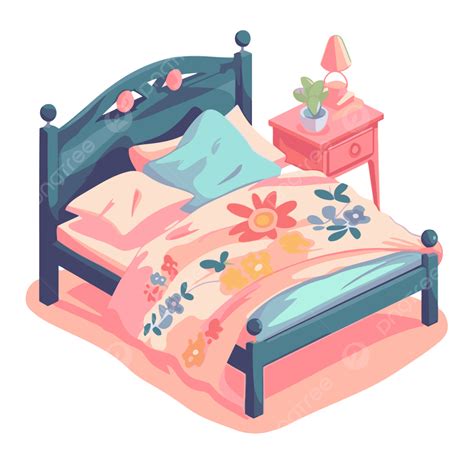 Make Bed Vector Sticker Clipart Isometric Cartoon Image Of A Bed With Pink Bed Cover And Flower