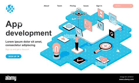 app development isometric concept developer creates layout with