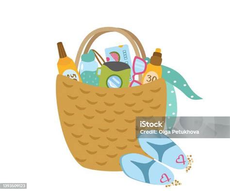 휴식을위한 물건이있는 해변 고리 버들 가방 자외선 차단제 물병 카메라 안경 신용 카드 슬레이트 손수건 화창한 여름을위한 벡터