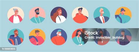 사람들 아바타 십대 노인 젊고 성숙한 남성 또는 여성 고립 된 라운드 아이콘의 세트 남성과 여성 캐릭터 아바타에 대한 스톡 벡터