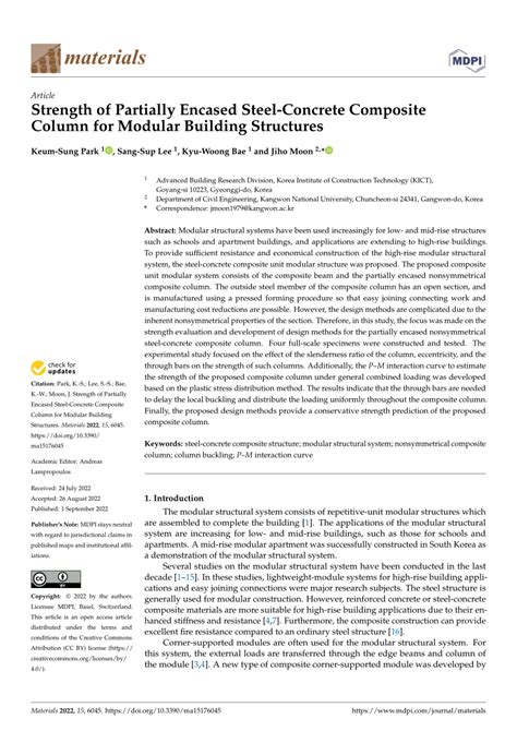 Pdf Strength Of Partially Encased Steel Concrete Composite Column For Modular Building Structures