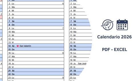 Plantilla De Calendario De 2026 En Excel Y Pdf