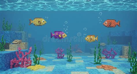 Colorful Pixel Art Fish Swimming In A Vibrant Underwater Scene Stock