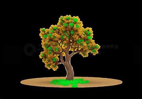 黑色背景ai数字艺术 3d秋天的梧桐树（矢量）卡通风大树金黄绿叶草丛黑色背景插画 Ai立体元素免费下载png格式3552像素编号71471779 千图网
