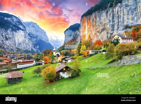Captivating Autumn View Of Lauterbrunnen Valley With Gorgeous Staubbach