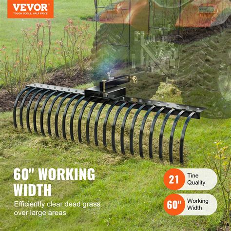 Vevor Tow Behind Landscape Rake 60 Tow Dethatcher With 21 Steel Coil Tines Lawn Dethatcher