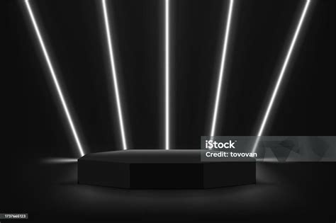네온 불빛과 연단이 있는 빈 방 제품 광고 모형 3d 벡터 그림 0명에 대한 스톡 벡터 아트 및 기타 이미지 0명 3차원 형태 강단 Istock