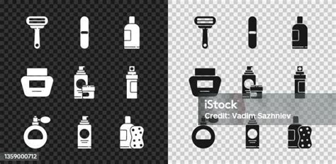 쉐이드 면도기 네일 파일 샴푸 병 향수 스프레이 스프레이 헤어 스프레이 캔 스폰지 크림 로션 화장품 튜브 및 아이콘을 설정합니다 벡터 건강한 생활방식에 대한 스톡 벡터 아트