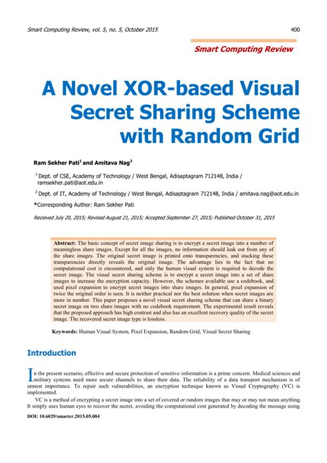 Pdf Smart Computing Review A Novel Xor Based Visual Secret Sharing