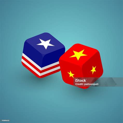 미국과 중국 국기 패턴 무역 전쟁과 세금 위기 개념 디자인 일러스트와 함께 3d 아이소메트릭 주사위 복사 공간을 가진 파란 그라데이션 배경에 고립 벡터 Eps 10 경제에