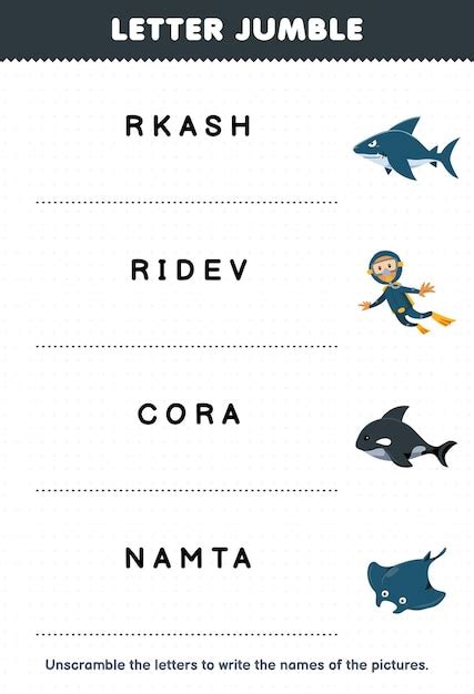 어린이를 위한 교육 게임 편지 뒤죽박죽 귀여운 만화 상어 다이버 범고래 만타 인쇄 가능한 수중 워크시트에 대한 정확한 이름 쓰기 프리미엄 벡터
