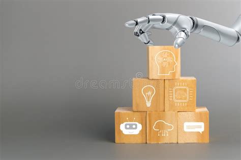 hand touch robot artificial intelligence wood cube with ai symbols