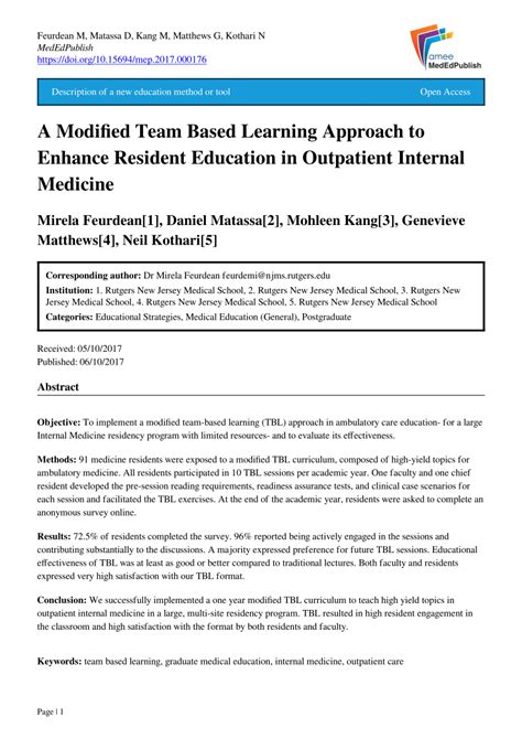 Pdf A Modified Team Based Learning Approach To Enhance Resident Education In Outpatient