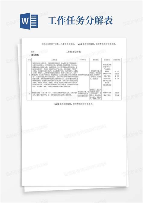 工作任务分解表 Word模板下载编号qzmyeeog熊猫办公 工作任务分解表 Word模板下载编号qzmyeeog熊猫办公