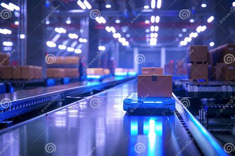 Sleek Autonomous Robotic Vehicle With Cardboard Box Navigating Through The High Tech Warehouse