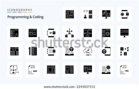 25 Programming Coding Solid Glyph Icon Stock Vector Royalty Free