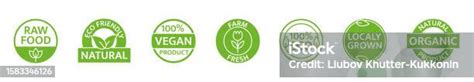 천연 제품 아이콘 세트입니다 Gmo는 무료입니다 유기농 식품 비건 바이오 농장 신선한 배지 현지에서 재배 건강한 제품 라벨 프리미엄 품질 친환경 태그 지속 가능한 삶 벡터