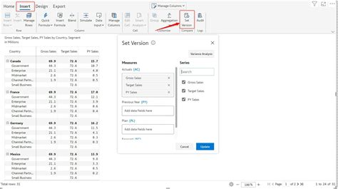 how to instantly calculate variance columns using set version