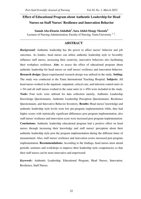 Pdf Effect Of Educational Program About Authentic Leadership For Head Nurses On Staff Nurses