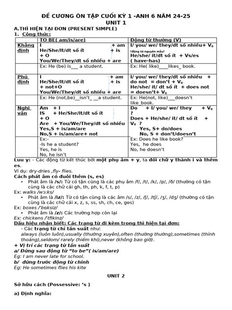De Cuong On Tap HK1 - Anh 6 Unit 1-6 | PDF
