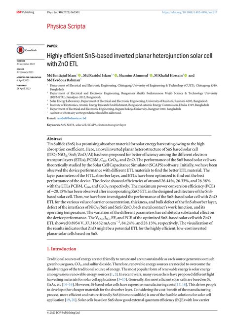 Pdf Highly Efficient Sns Based Inverted Planar Heterojunction Solar Cell With Zno Etl