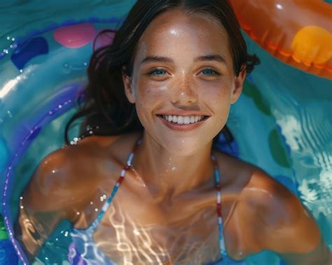 Happy Woman Relaxing In Pool Float With Summer Fun And Joy Poolside