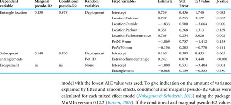 Model Summary Outputs For Best Fitting Models For Video Observations