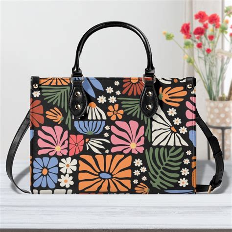 Boho Abstract Wildflowers Women Pu Leather Handbag Vegan Leather Strap
