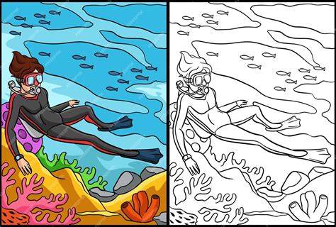 스쿠버 다이빙 색칠 페이지 컬러 일러스트 프리미엄 벡터