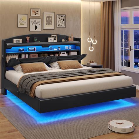 Floating Bed Frame King Size With Charging Station And Storage