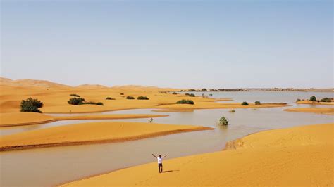 Water Gushes Through Palm Trees And Sand Dunes After Rare Rain In The