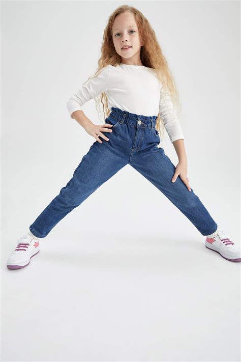 أزرق بنات بنطلون بناتي ذو مظهر جينز بقصة فضفاضة 2549251 Defacto